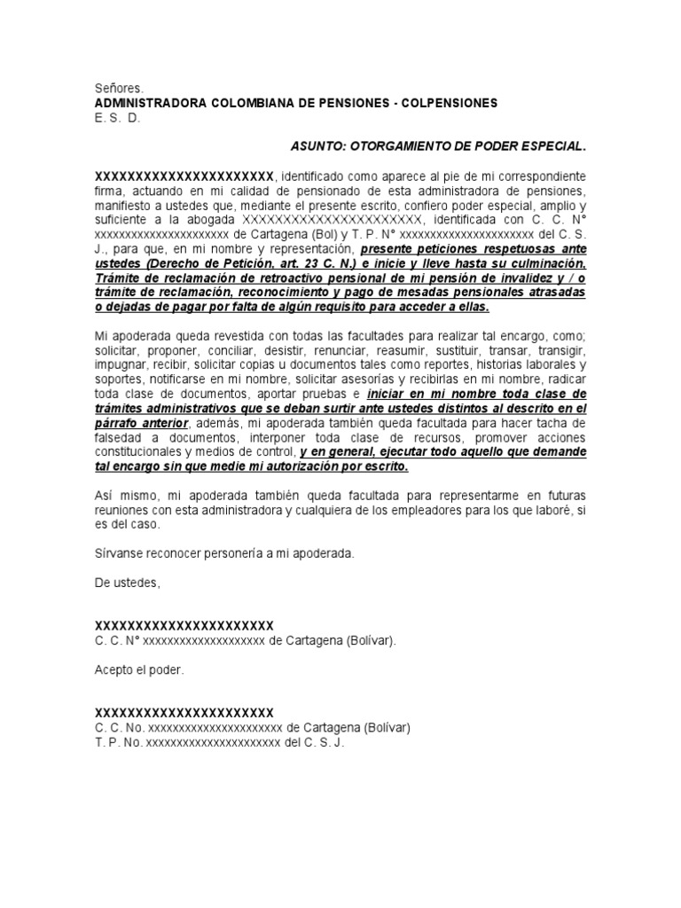 Poder para Solicitar Retroactivo Pensional Ante COLPENSIONES | PDF