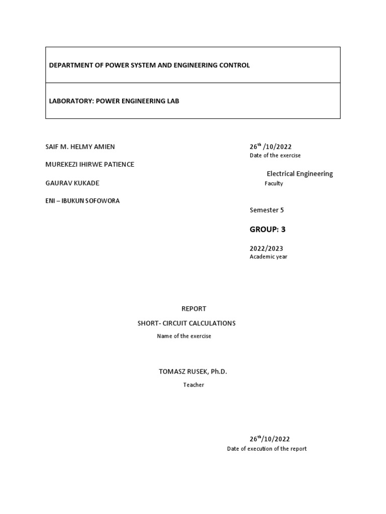 Power Eng Lab 3 Short Circuit PDF Electrical Engineering