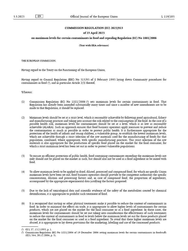 EU Regulation on Food Contaminants Limits | PDF | Peanuts | European ...