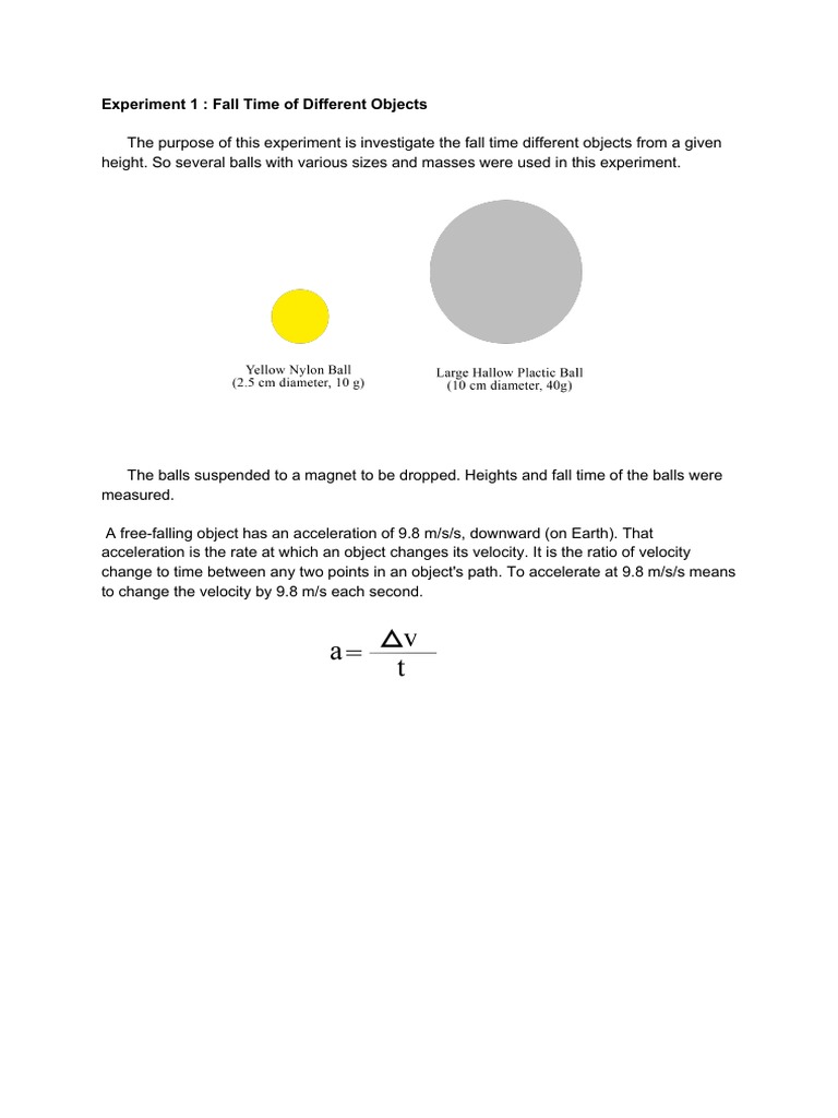 Experiment 1 - Fall Time of Different Objects | PDF