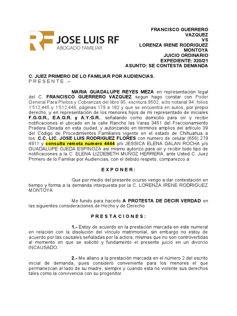Contestacion De Demanda De Divorcio Pdf
