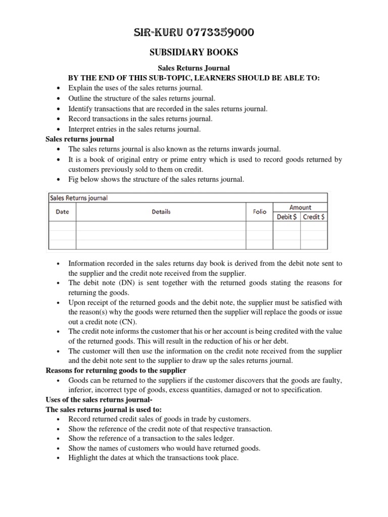 SUBSIDIARY BOOKS Sales Returns Journal | PDF | Debits And Credits ...