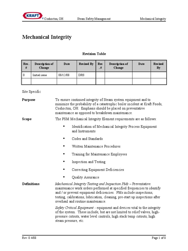 Mechanical Integrity: Revision Table | PDF | Quality Assurance | Boiler