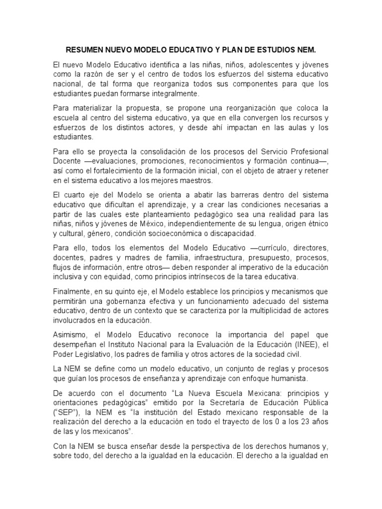 Resumen Nuevo Modelo Educativo y Plan de Estudios Nem | PDF | Enseñando | Plan de estudios