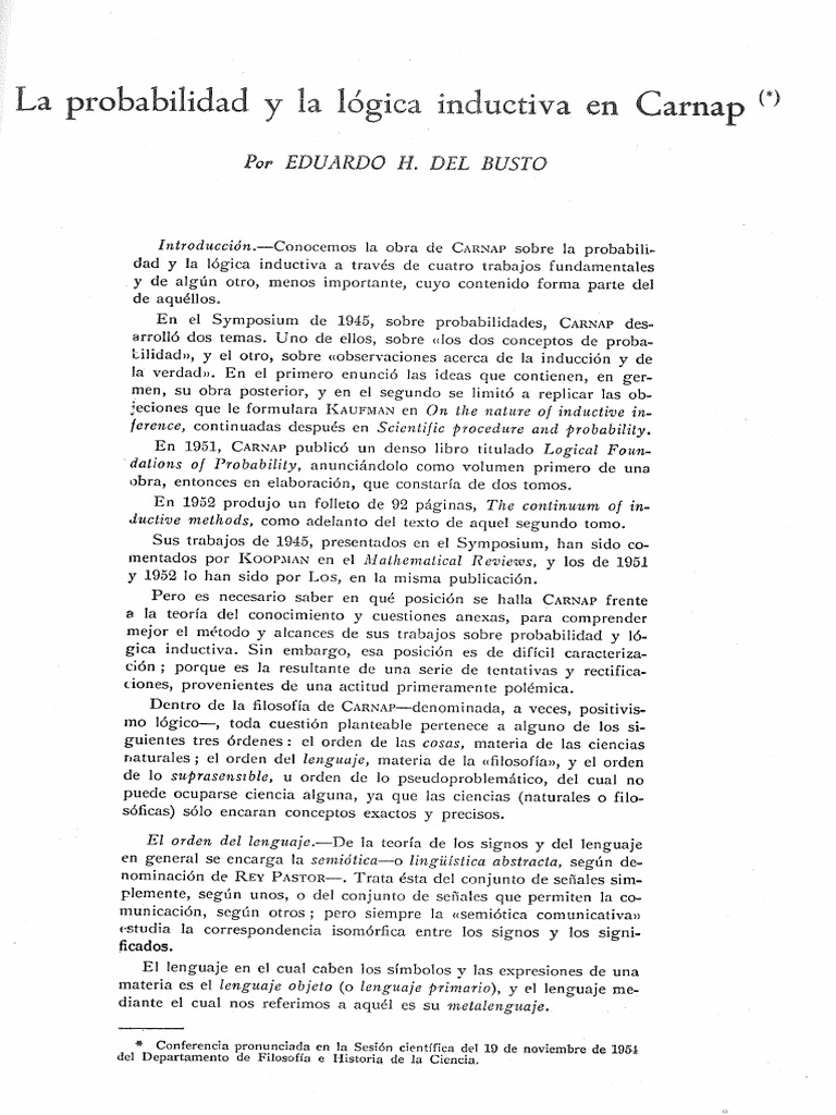 La Probabilidad y La Lógica Inductiva en Carnap - Eduardo H. Del Busto | PDF