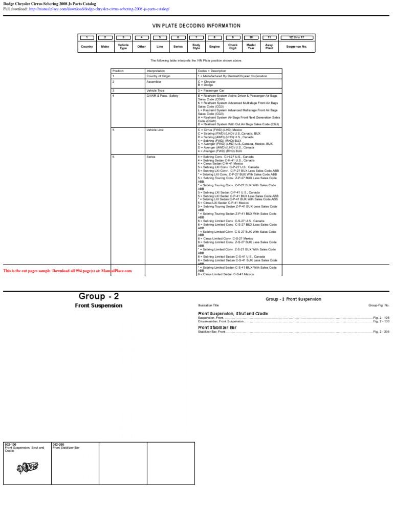 Dodge Chrysler Cirrus Sebering 2008 Js Parts Catalog | PDF | Wheeled ...