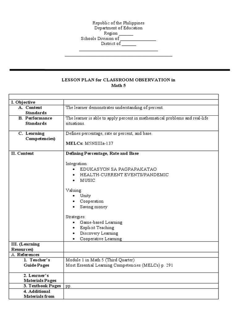 C0-Lesson-Plan-Math 5 - Defines Percentage, Rate and Base | PDF ...