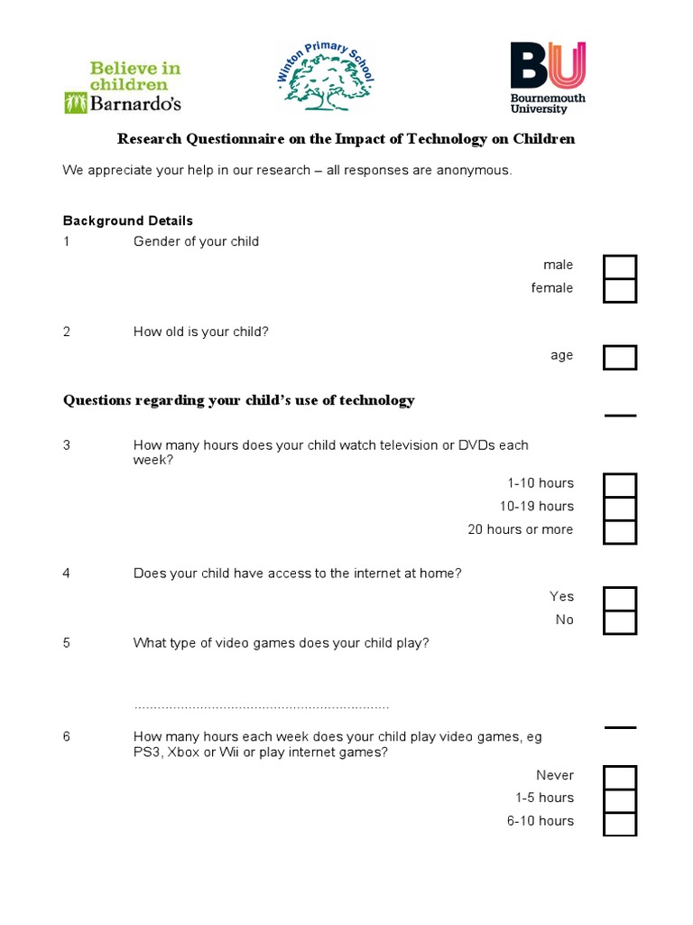 Children and Technology Research Questionnaire | PDF | Wii | Video Game ...