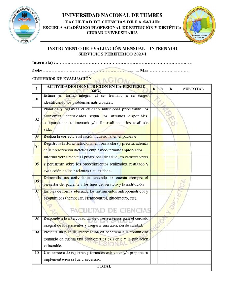 Evaluación Mensual - Internado 2023-I | PDF | Dietético | Nutrición
