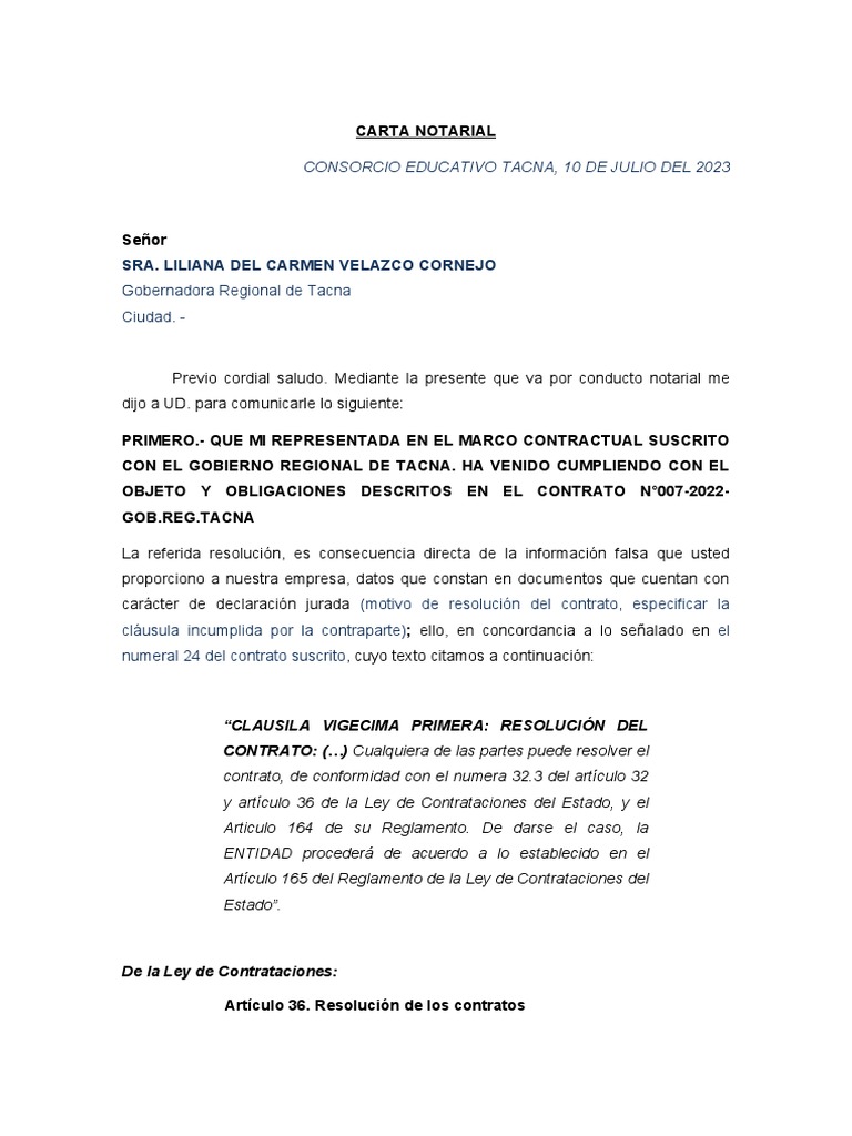 Carta Notarial de Resolucion de Contrato Modelos Iuris | PDF