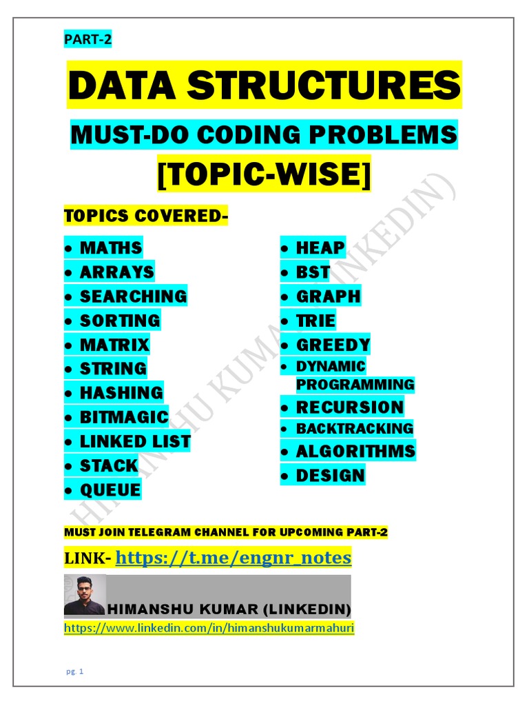 Data Structures Must Do Coding Questions For Each And Every Topics Pdf 