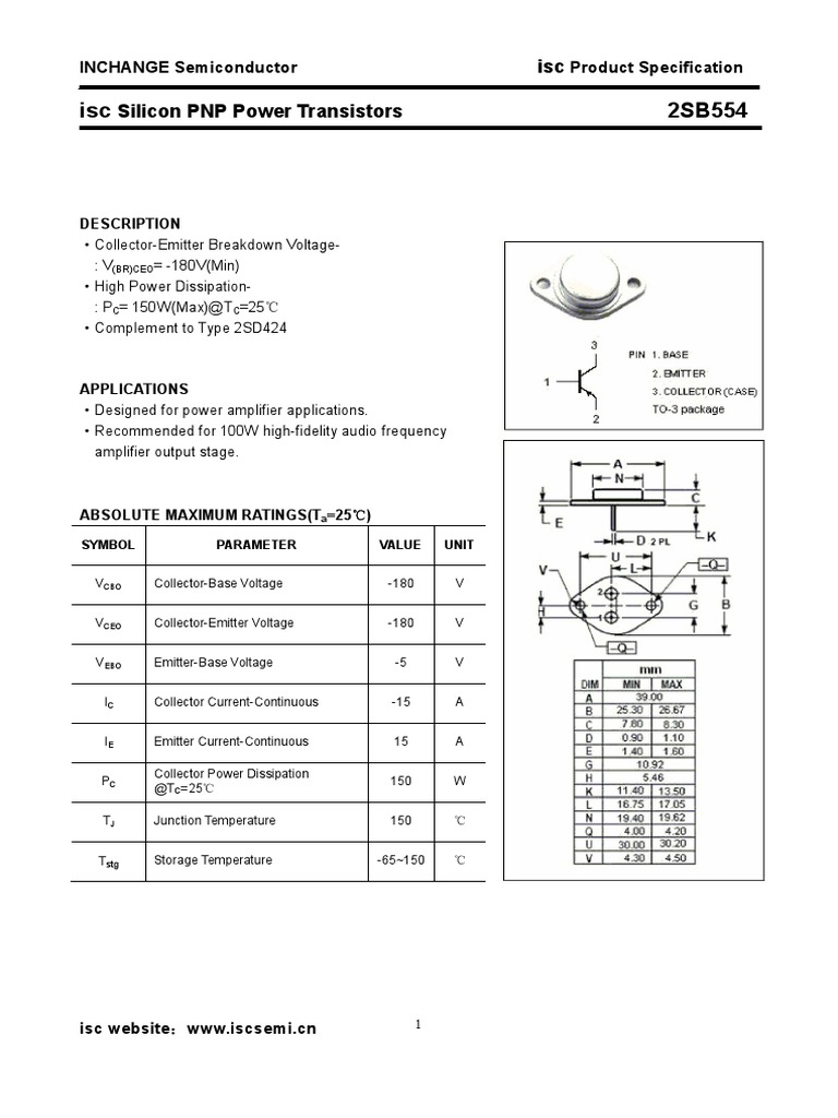 Inchange Semiconductor 2SB554 Datasheet | PDF | Bipolar Junction ...