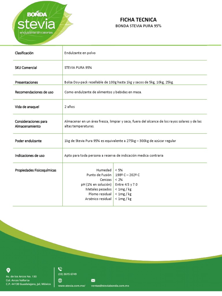 Ficha Tecnica Stevia 95% | PDF