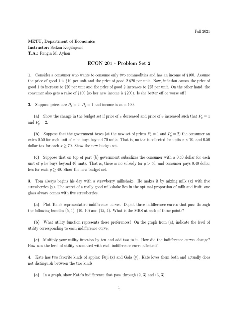 ECON 201 - Problem Set 2 | PDF | Utility | Economic Theories