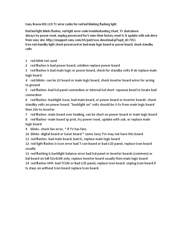 Sony Bravia KDL LCD TV Error Codes For Red Led Blinking Flashing Light | PDF