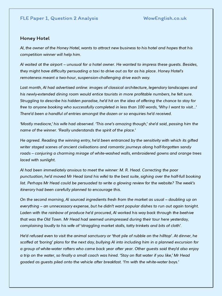 Honey Hotel: Fle Paper 1, Question 2 Analysis Wowenglish - Co.Uk | PDF