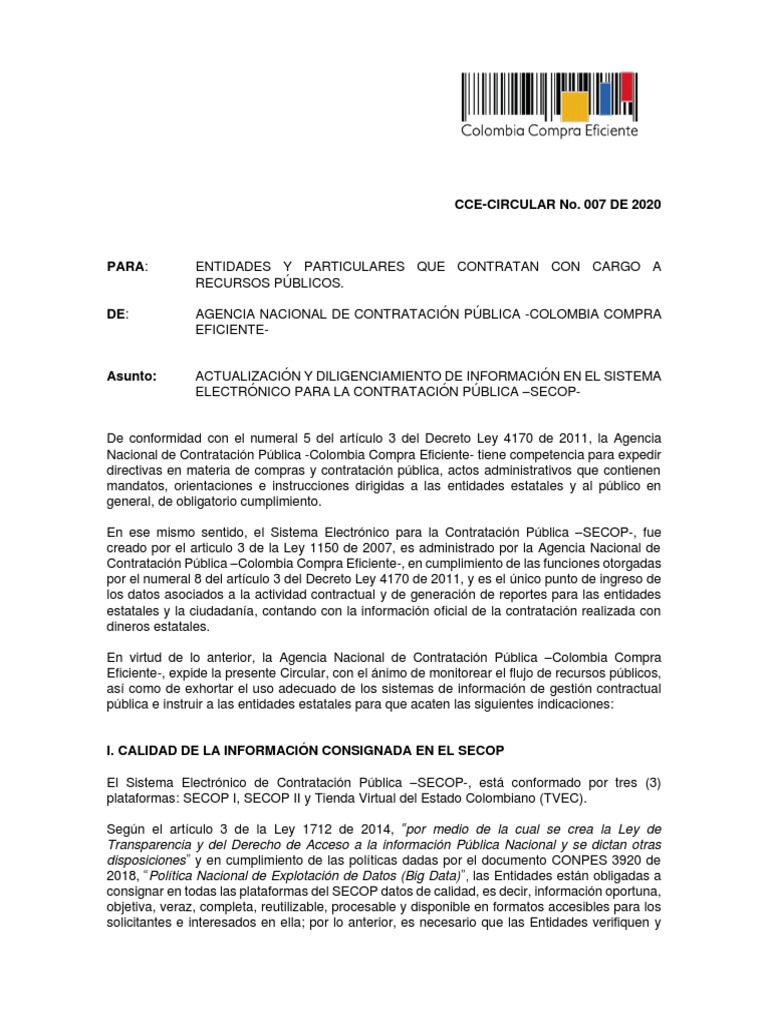Circular 007 de 2020 Uso Secop | PDF | Información | Colombia