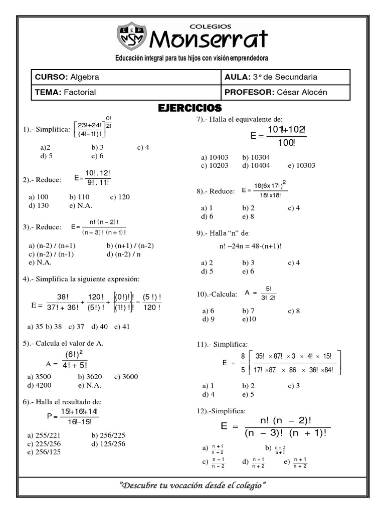 Alg - 3° - Factorial - Tarea | PDF | Métodos y materiales de enseñanza