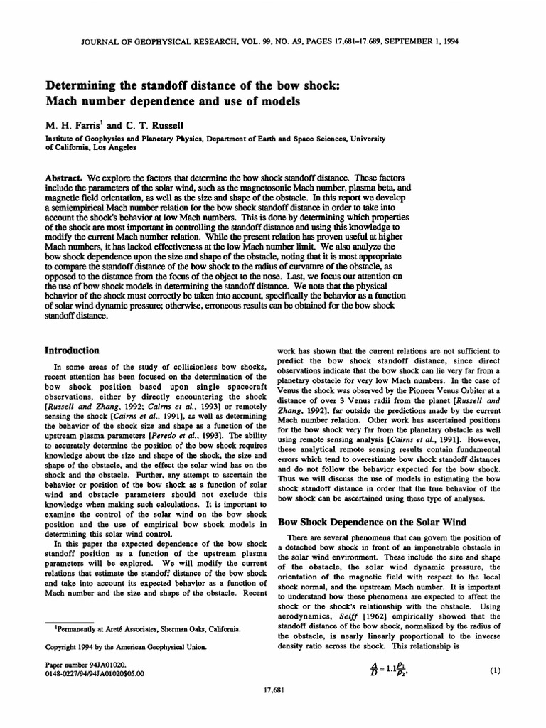 Determining The Standoff Distance of The Shock - Farris Etal 95 | PDF ...