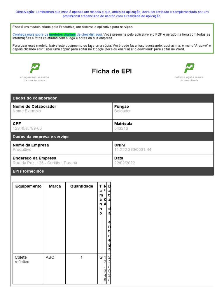 Modelo de Ficha de EPI para Empresas | PDF