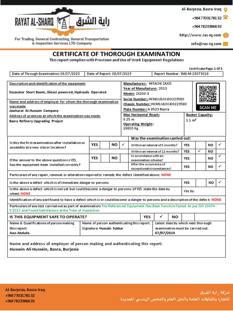 Certificate of Thorough Examination | Download Free PDF | Transport ...