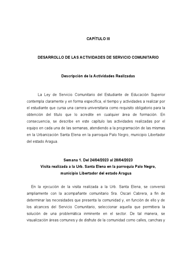 Capítulo Iii. Servicio Comunitario Semanas | PDF | Presupuesto | Herrero