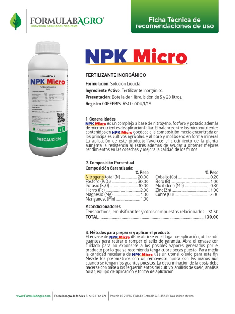 Formulabagro - Ficha Tecnica (NPK Micro) | PDF | Fertilizante | Química