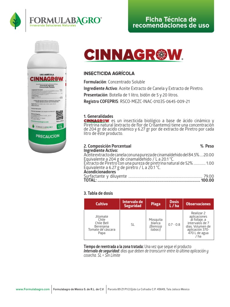 Formulabagro - Ficha Tecnica (CINNAGROW) | PDF