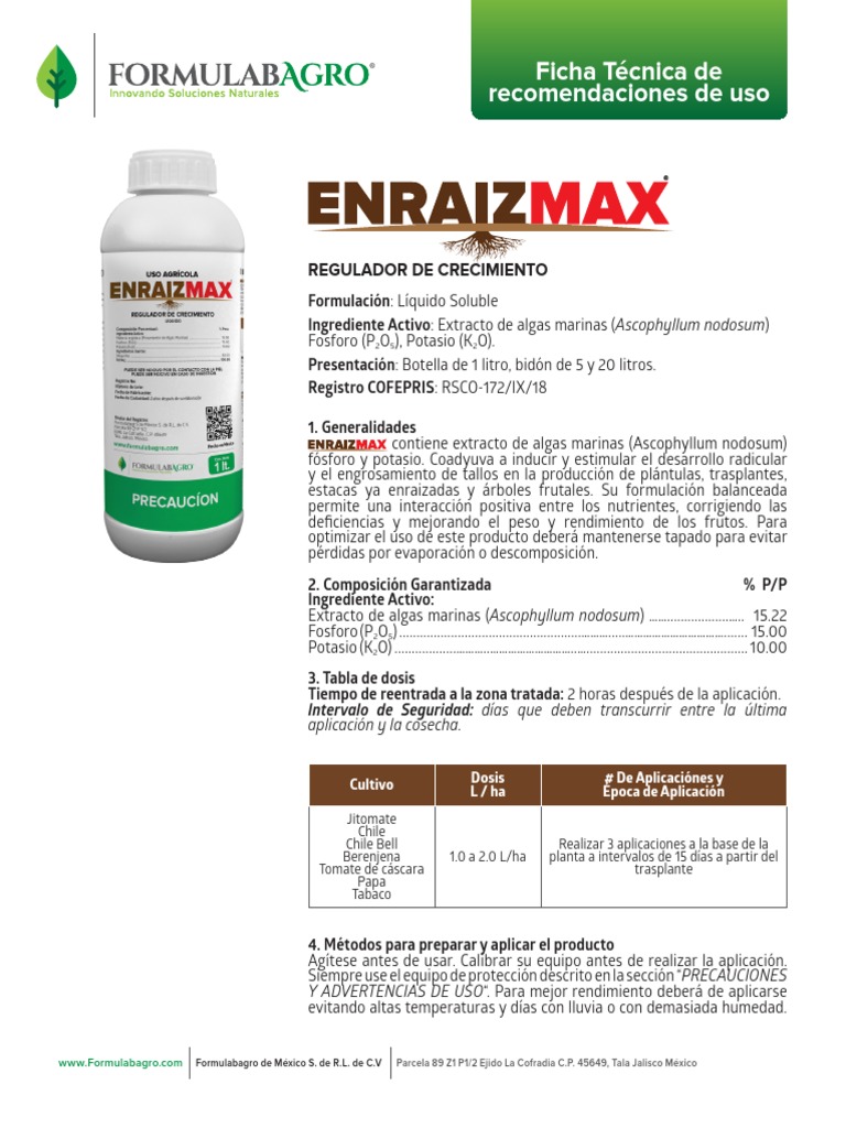 Formulabagro - Ficha Tecnica (ENRAIZMAX) | PDF