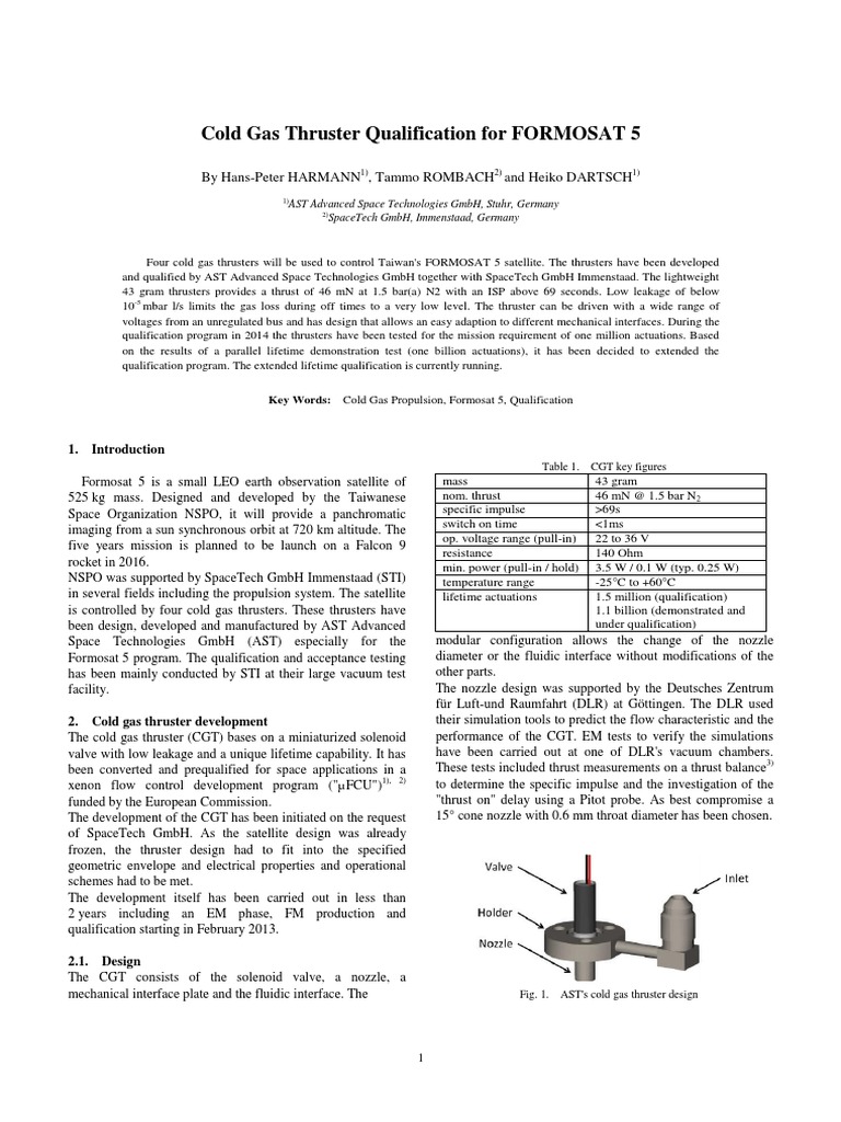 Cold Gas Thruster for FORMOSAT 5 | PDF | Spacecraft Propulsion | Rocket ...