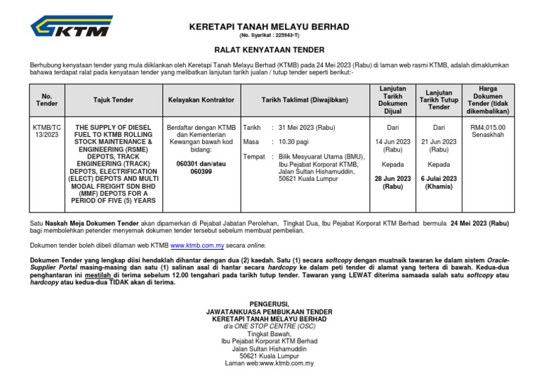 Iklan Tender RALAT KTMB TC 132023 | PDF