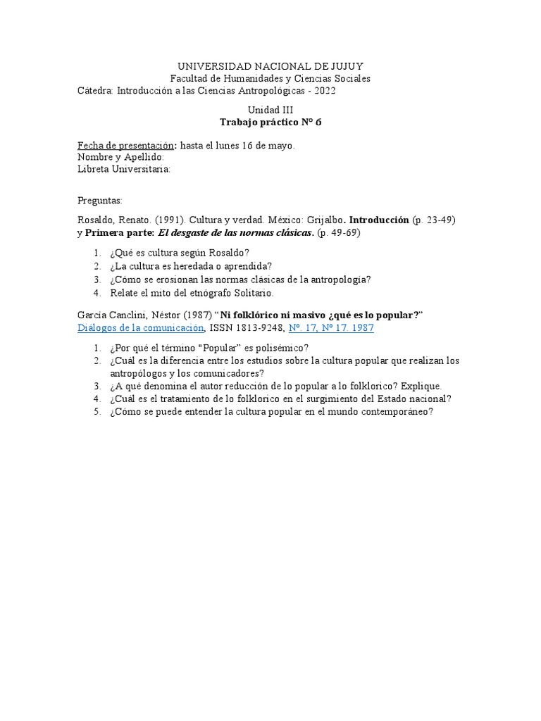 TP N°6 - Rosaldo y Garcia Canclini | PDF
