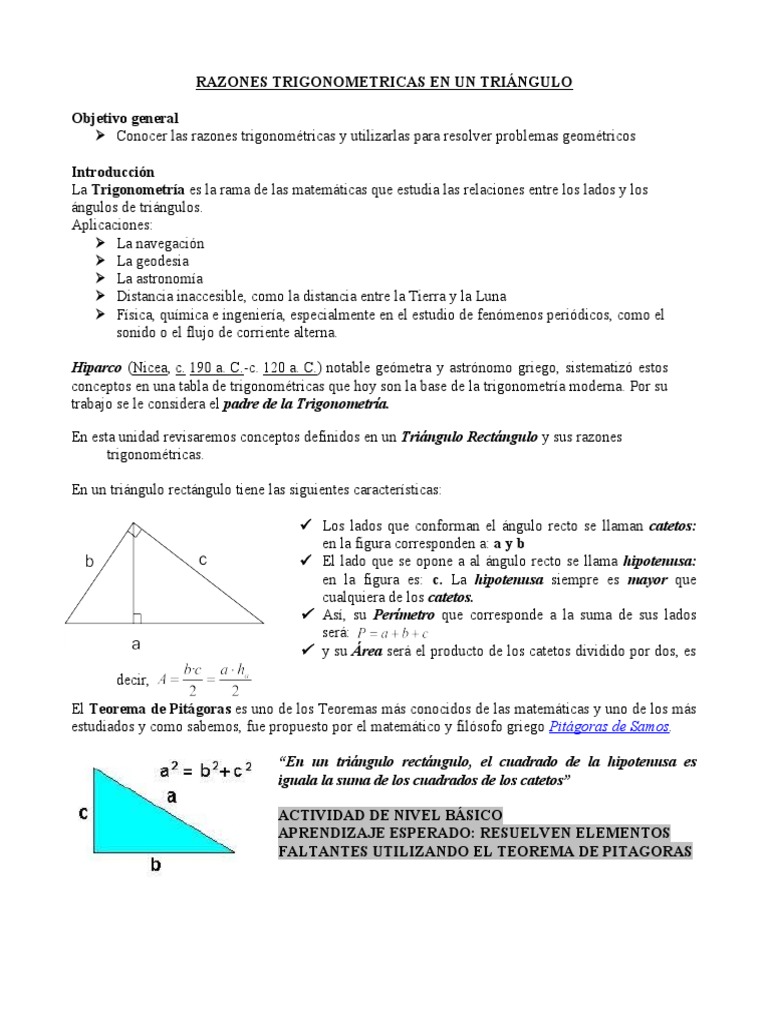 Razones Trigonometricas en Un Triángulo Rectángulo | PDF | Funciones trigonométricas | Triángulo