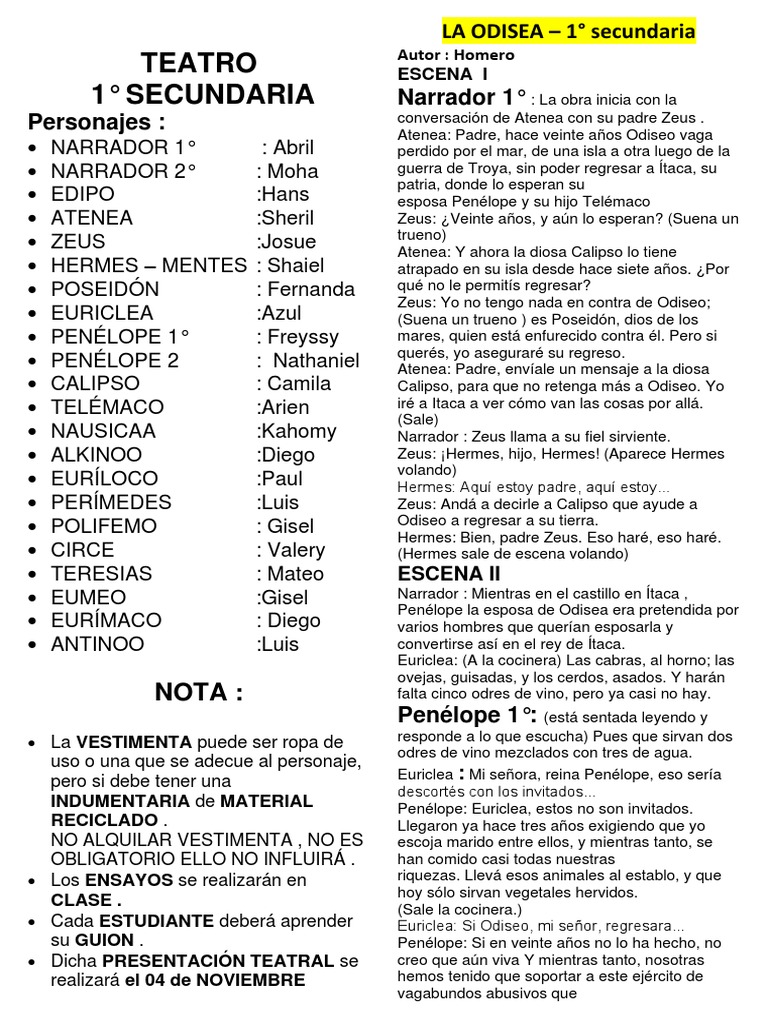 Teatro 1° Sec - La Odisea-1 | Descargar gratis PDF | Odiseo | Odisea