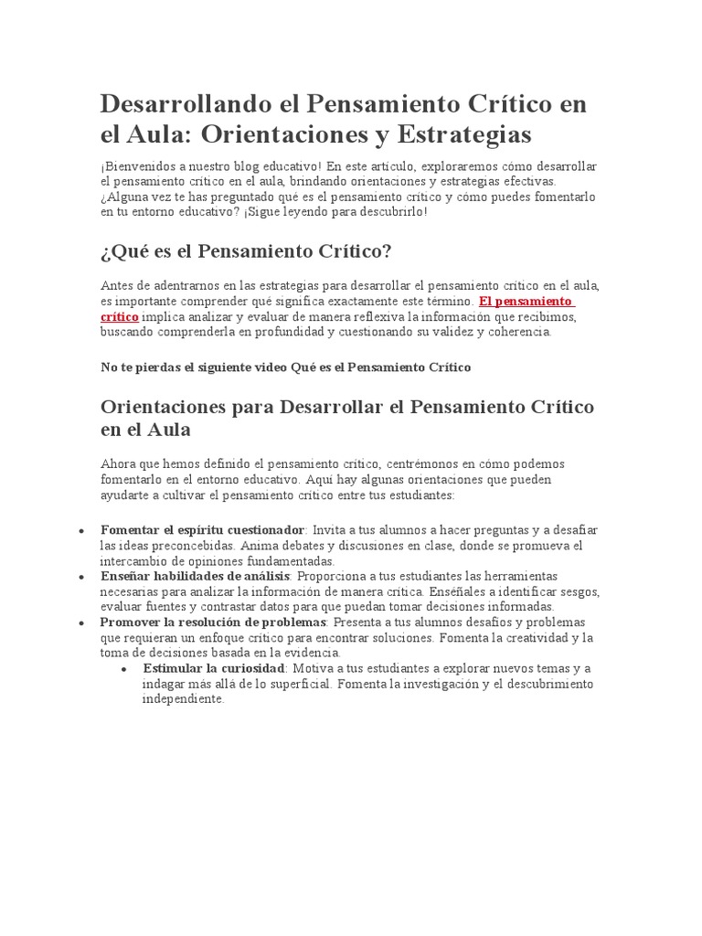 Estrategias para Pensamiento Crítico en Aula | PDF | Pensamiento ...
