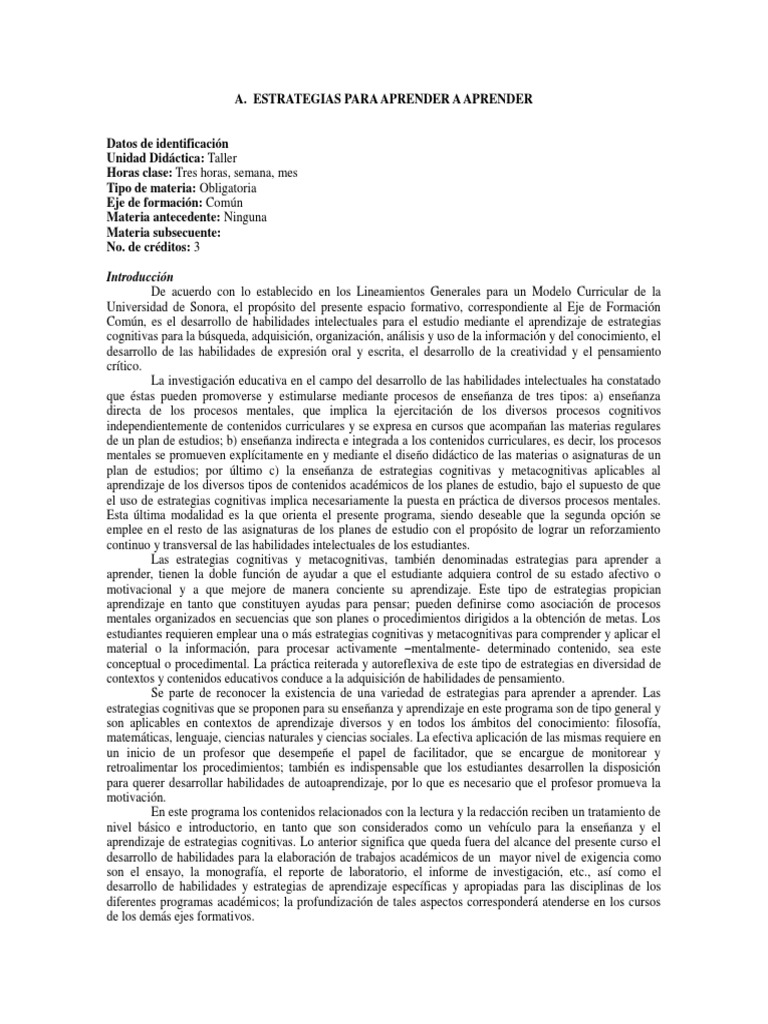 Taller Estrategias-Para - Aprender-A - Aprender | PDF | Aprendizaje | Plan de estudios