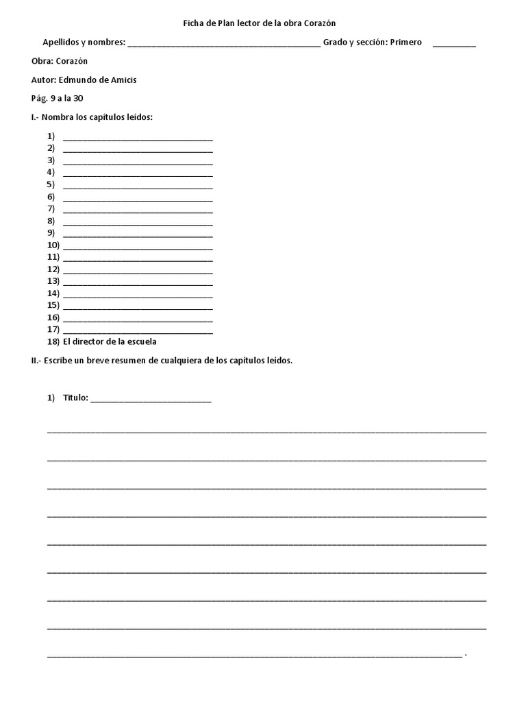 Ficha de Plan Lector Obra Corazón | PDF