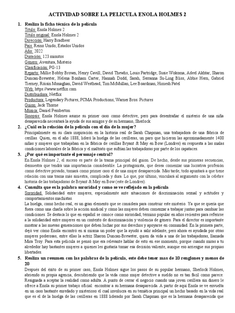 Actividad Sobre La Pelicula Enola Holmes 2 | PDF