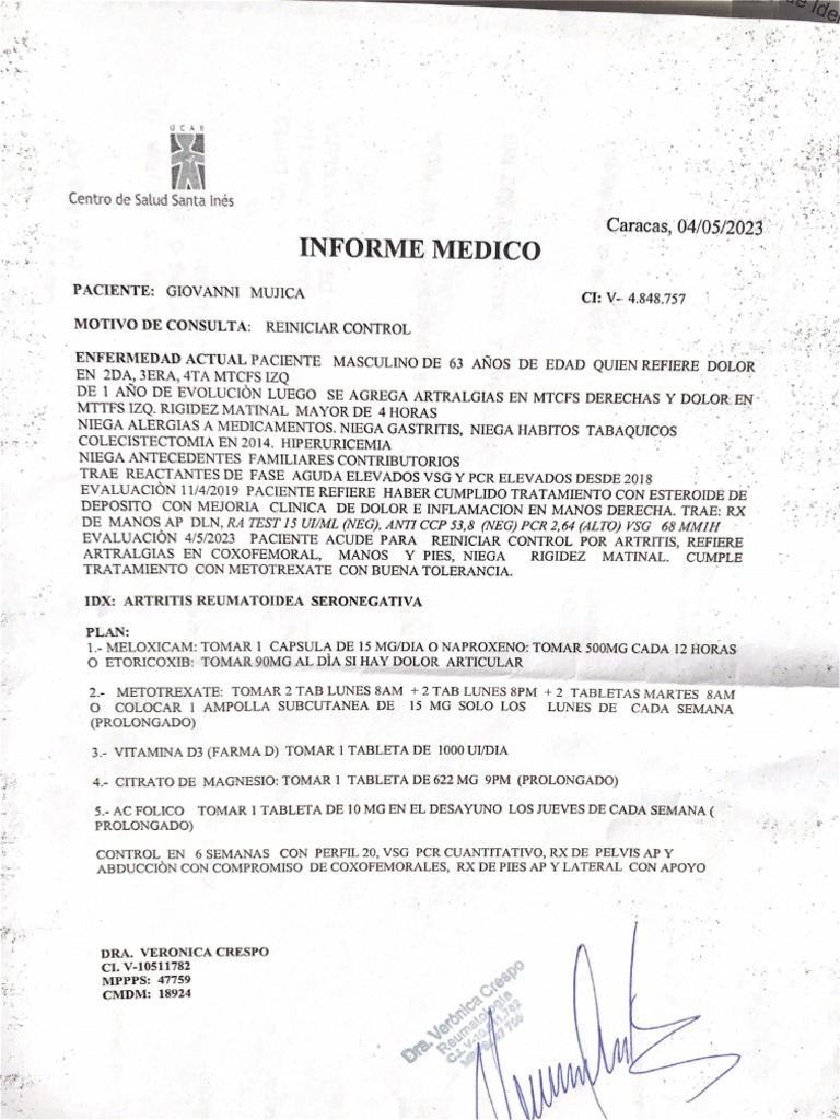 Informe Médico REUMATOLOGO | PDF