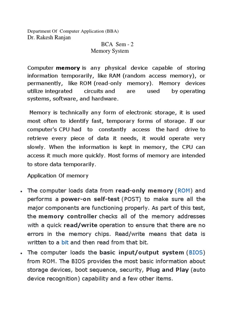 BBA SEM II Memory System by Dr. Rakesh Ranjan | PDF