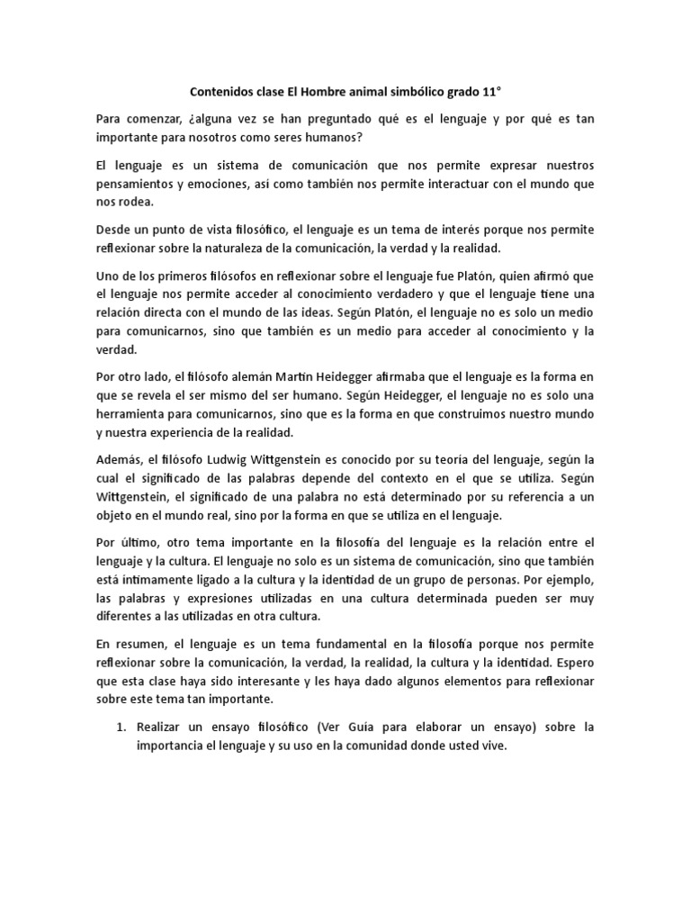 Contenidos Clase El Hombre Animal Simbólico Grado 11 | PDF