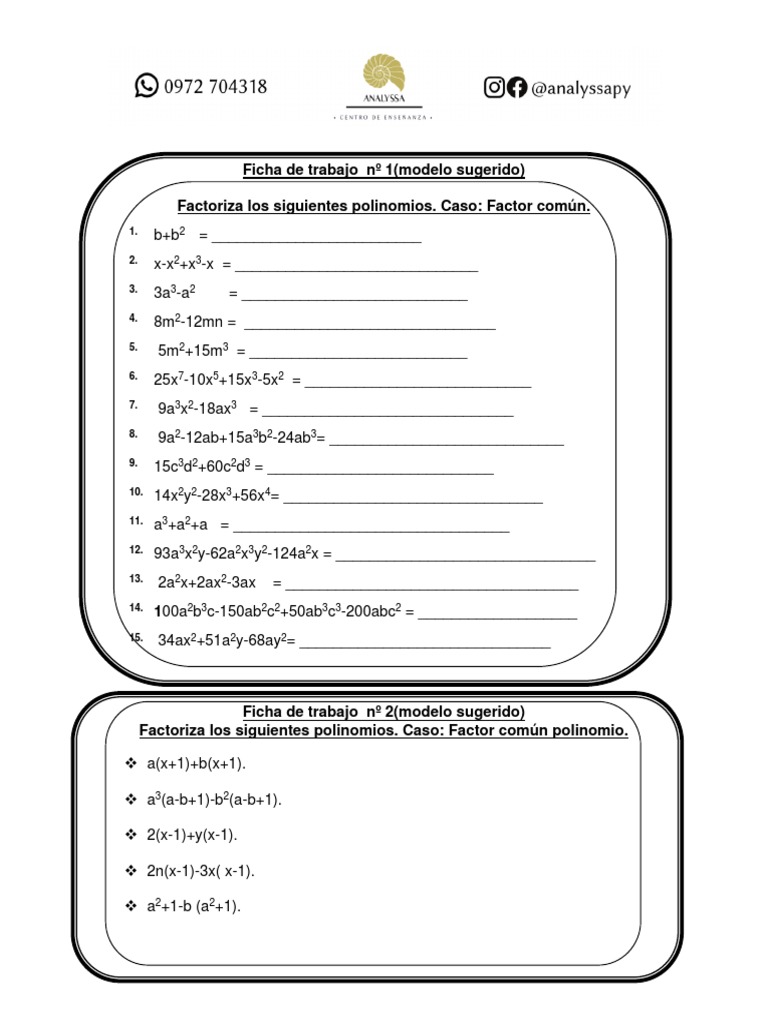 Factorizacion Fichas | PDF | Factorización | Matemática Elemental