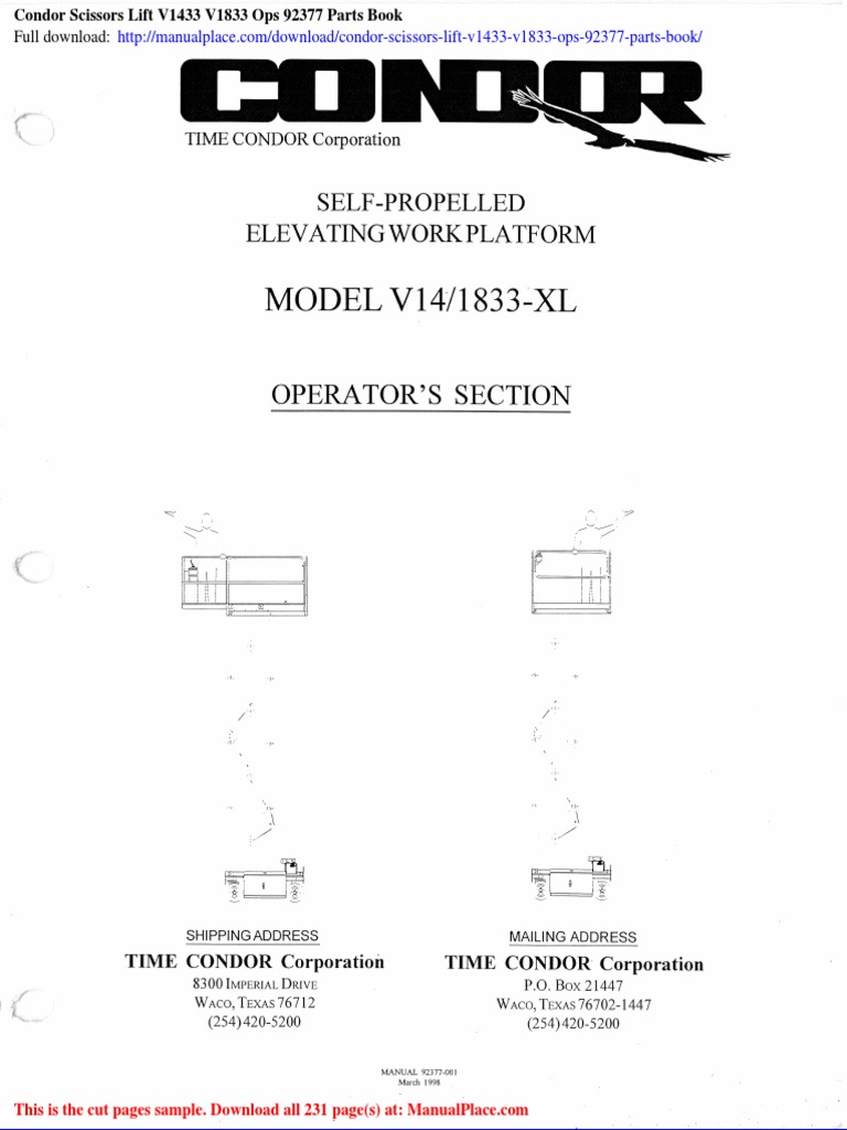 Condor Scissors Lift v1433 v1833 Ops 92377 Parts Book | PDF