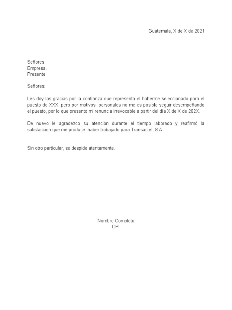 Carta De Renuncia Template Pdf 8940