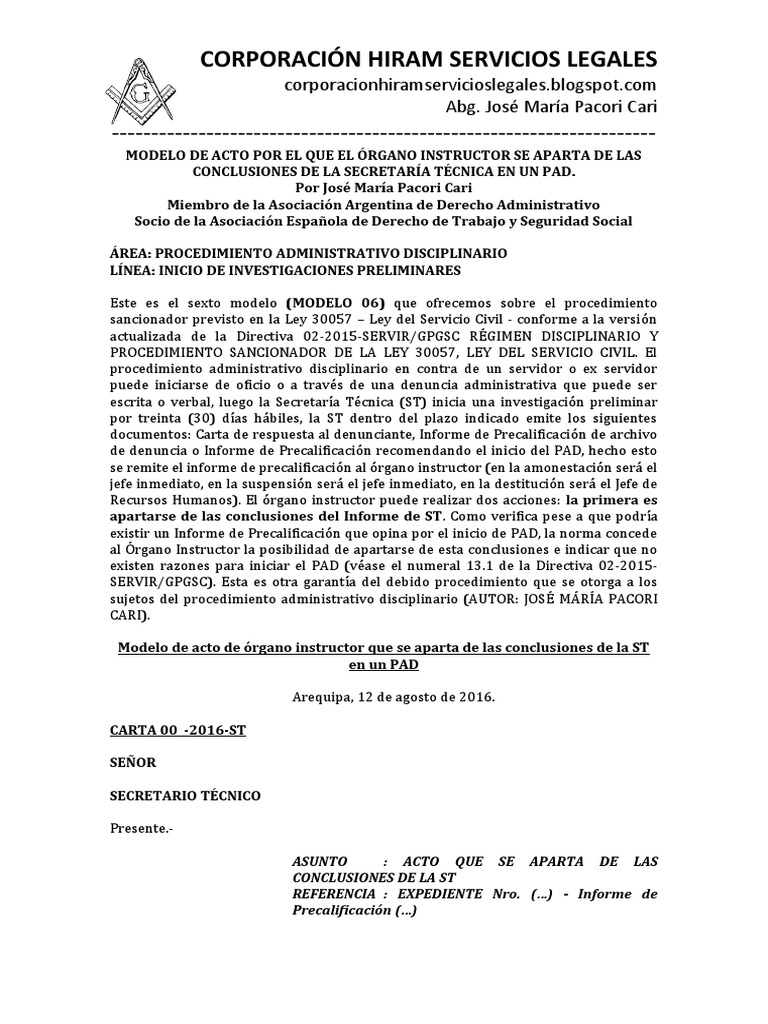 Modelo de Acto Por El Que El Órgano Instructor Se Aparta de Las ...