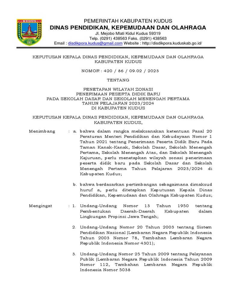 SK Kadinas Penetapan Zonasi PPDB 2023 | PDF