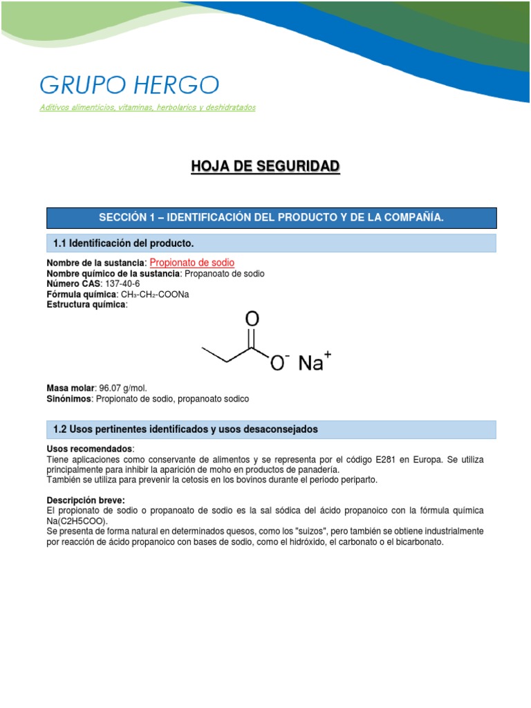 Hoja de Seguridad Propionato de Sodio | PDF