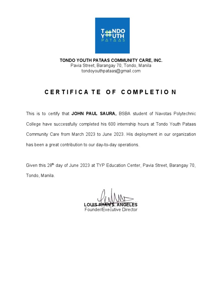 TYP Certificate of Completion OJTs | PDF