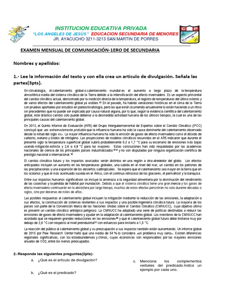 Examen Mensual de Comunicacion Ii Bim 1sec | PDF