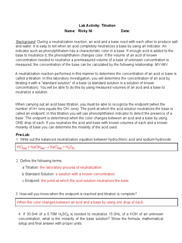 Ricky Ni - Lab Activity - Titration | PDF | Chemistry | Titration